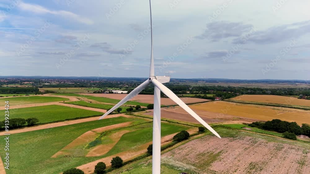 Onshore Wind Farm 4K Drone Video. Footage shows wind turbine slowly ...