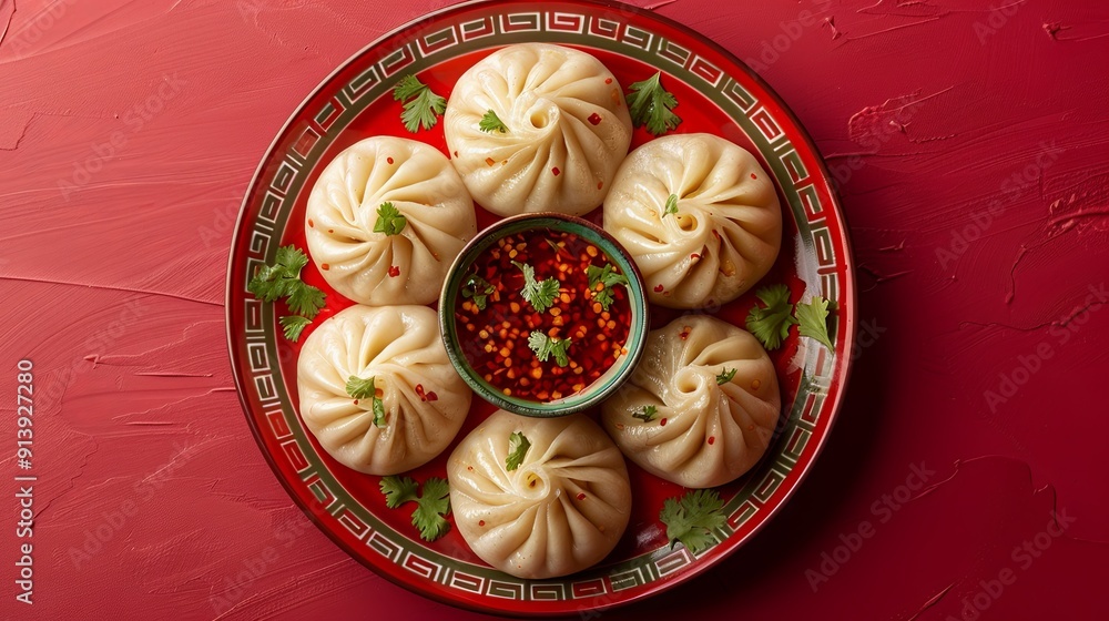 Steamed pork bao dumplings served on a red plate with Chinese sauce ...