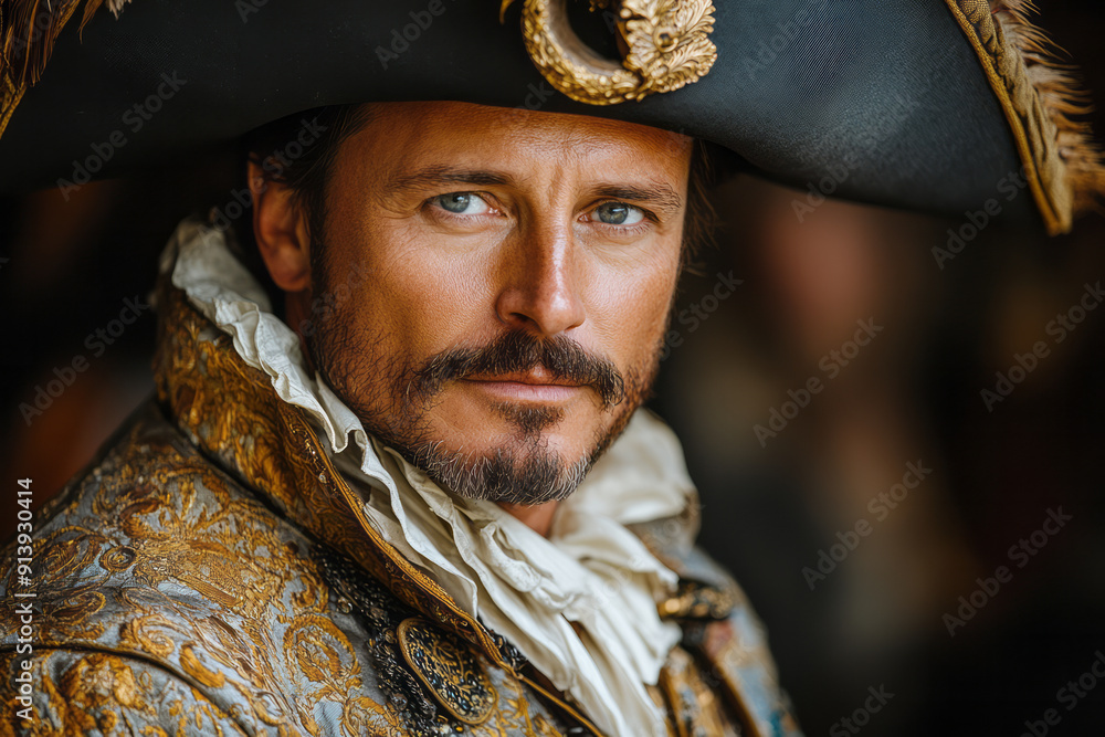 Elegant depiction of a musketeer in a richly decorated uniform ...