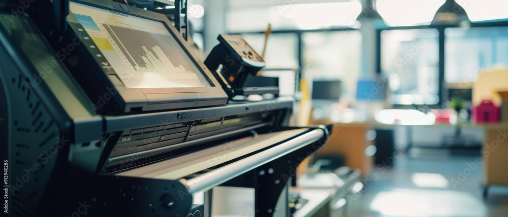 Close-up of a modern printer in an office, capturing its sleek design ...