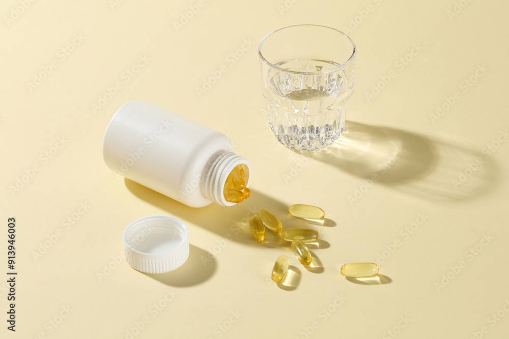 High angle shot at the yellow countertop with an unlabeled supplement ...