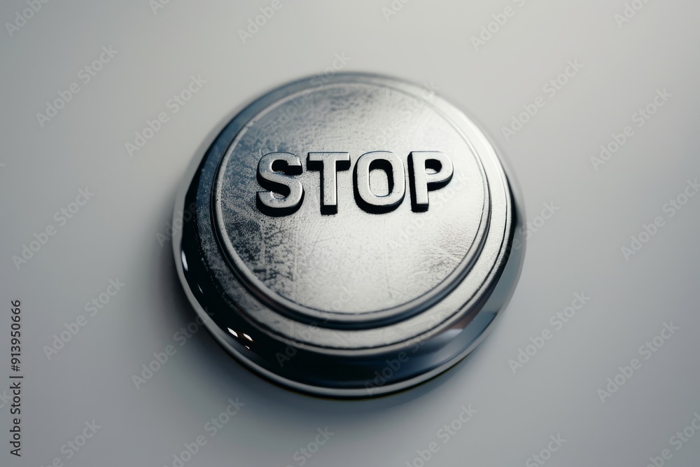 A circular push-button with the word 'stop' displayed prominently in ...