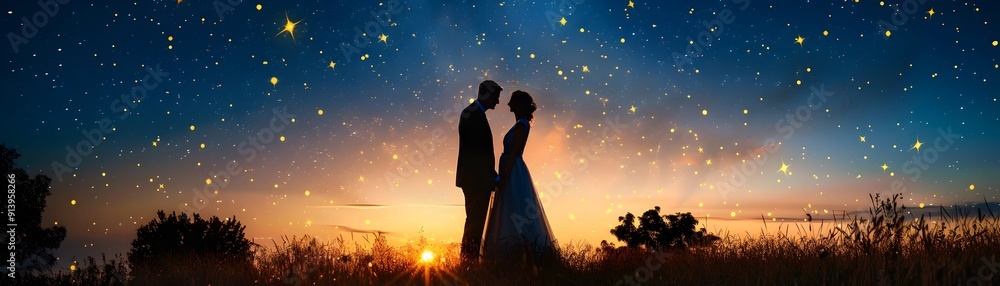 Newlywed couple dancing under starry night sky in romantic countryside ...