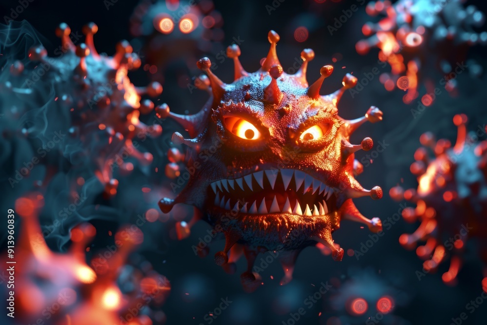 Artistic depiction of angry anthropomorphic virus furious eyes. Cartoon ...