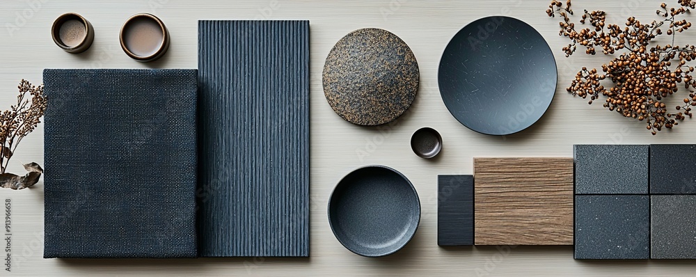 Natural materials and colors moodboard with wood, ceramic, and fabric ...