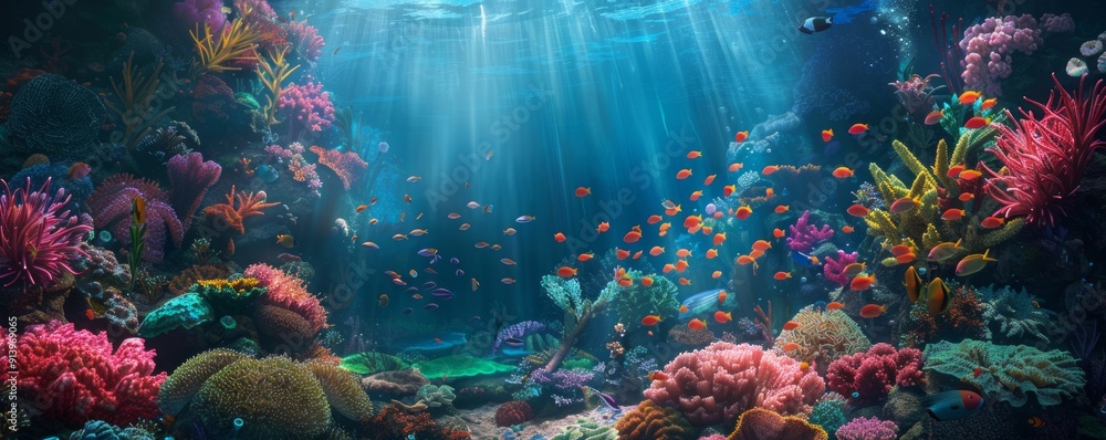 Underwater scene with vibrant coral reefs and schools of colorful fish ...