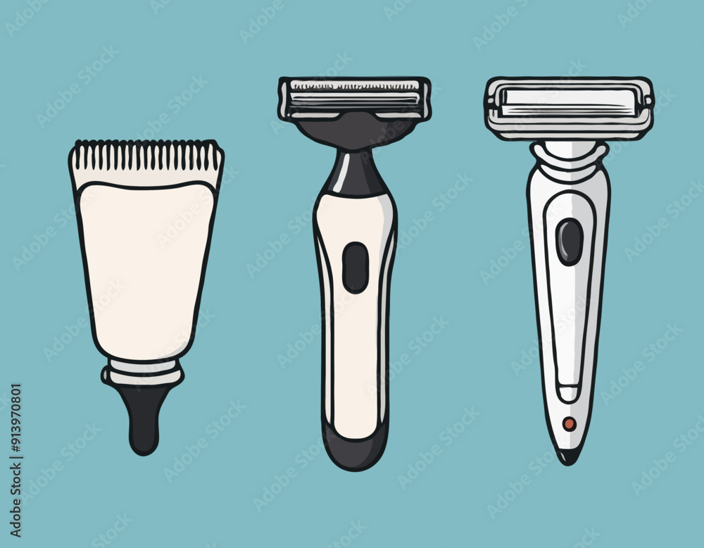 shaving cream, classic razor, and electric razor in flat style vector ...