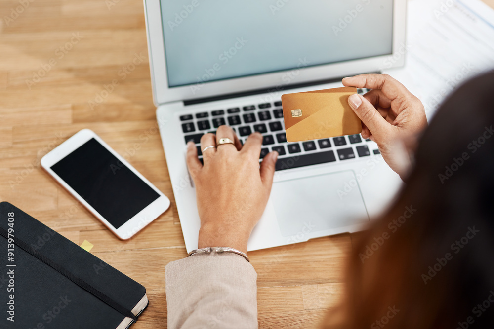 Business expense, credit card and laptop with hands of person at desk ...
