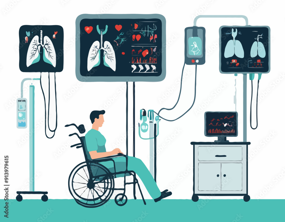 Medical equipment, ventilators on wheelchairs, screens showing patient ...
