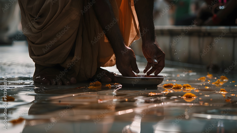 Individual washing hands and feet in preparation for prayer, following ...