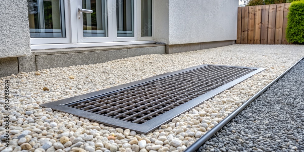 Coarse grey drainage stone gravel floor surrounds a house exterior with ...