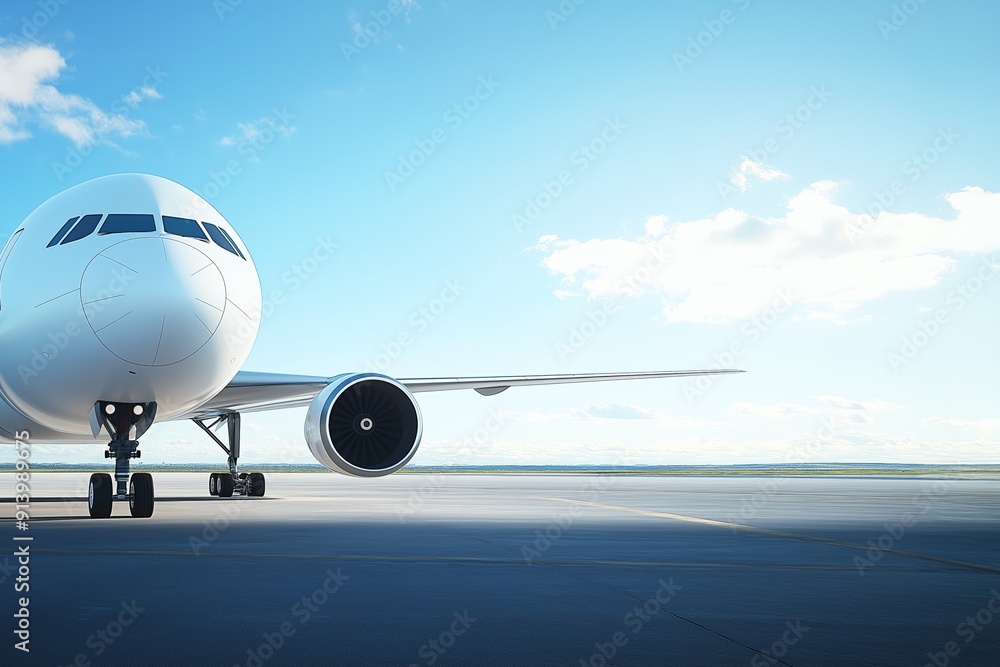 Side view of airplane on runway, clear blue sky, aviation industry ...