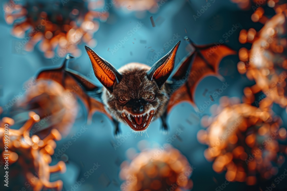 Angry bat-shaped virus hovers menacingly representing health danger ...