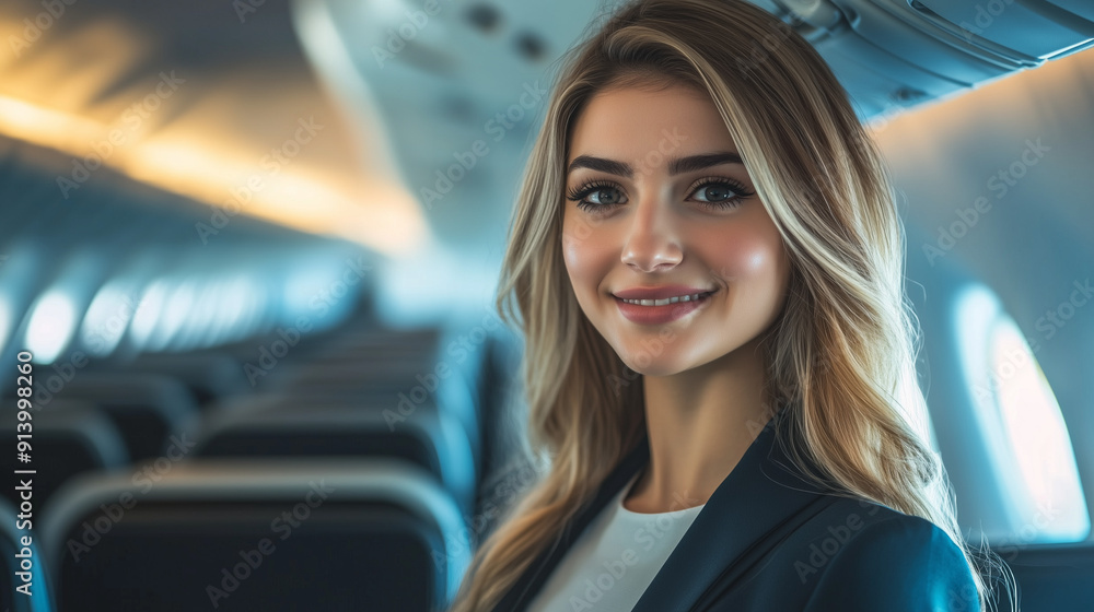 In the plane cabin, the stewardess with a broad smile on her face looks ...