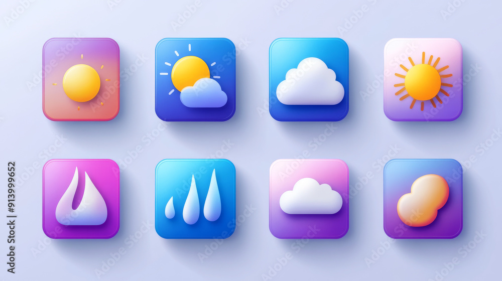 Weather app icons showing weather conditions like heat, sun, rain, snow ...