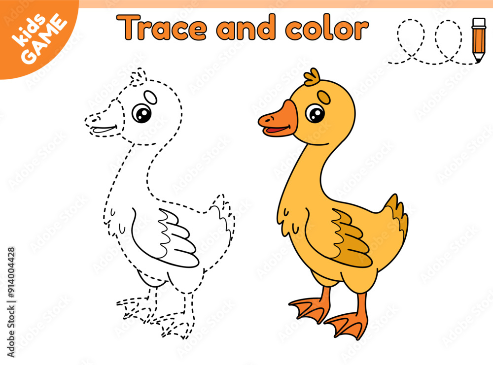 Kids educational game Tracing lines with cartoon gosling. Small goose ...