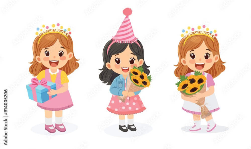 Happy birthday clipart. Girl on birthday with party hat and flowers ...