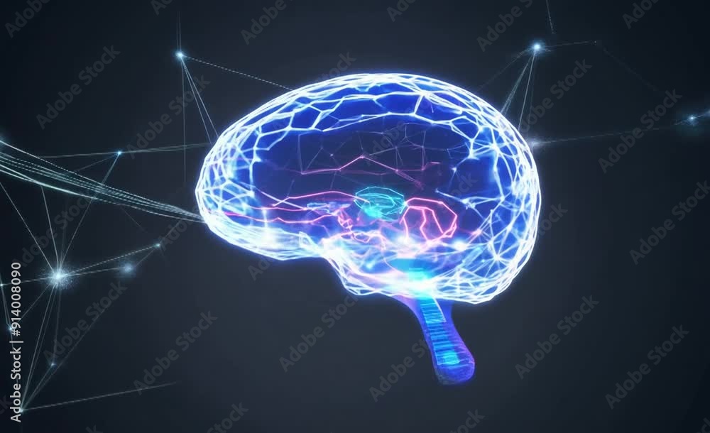 A digital animation of a human brain, rendered in a futuristic style ...