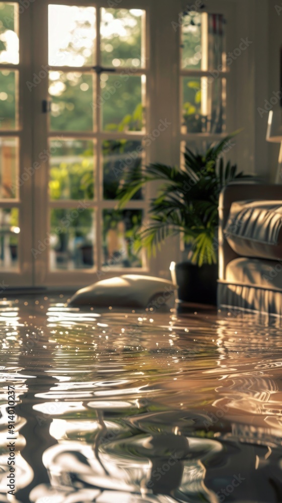 living room with a flooded floor, featuring a cozy sofa, houseplants ...