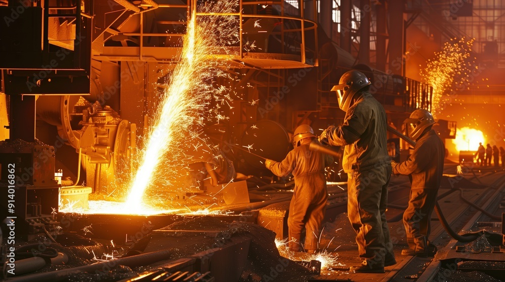 Production process at a steel plant. Work in the foundry. The process ...