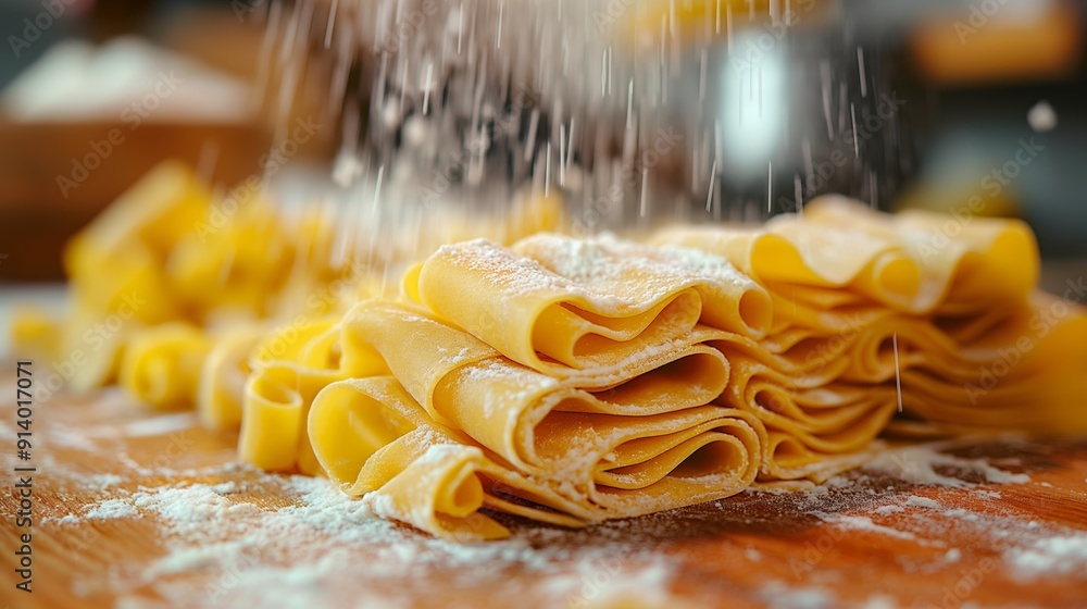 Freshly made pasta ribbons are dusted with flour, ready to be cooked ...
