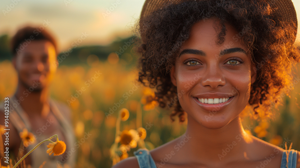 Portrait of happy young farmer girl on field background. Young black ...