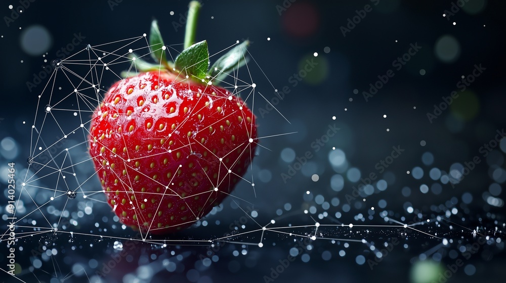 A strawberry intertwined with digital network lines, symbolizing the ...