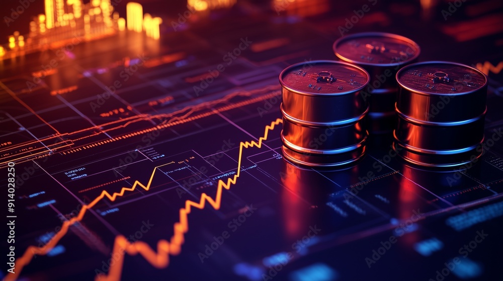 Stock image showing crude oil barrels on a financial chart with rising ...