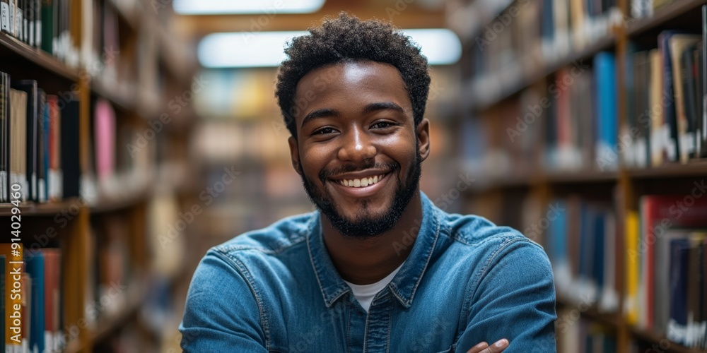Joyful African American Student Portrait in Library: World Book Day ...
