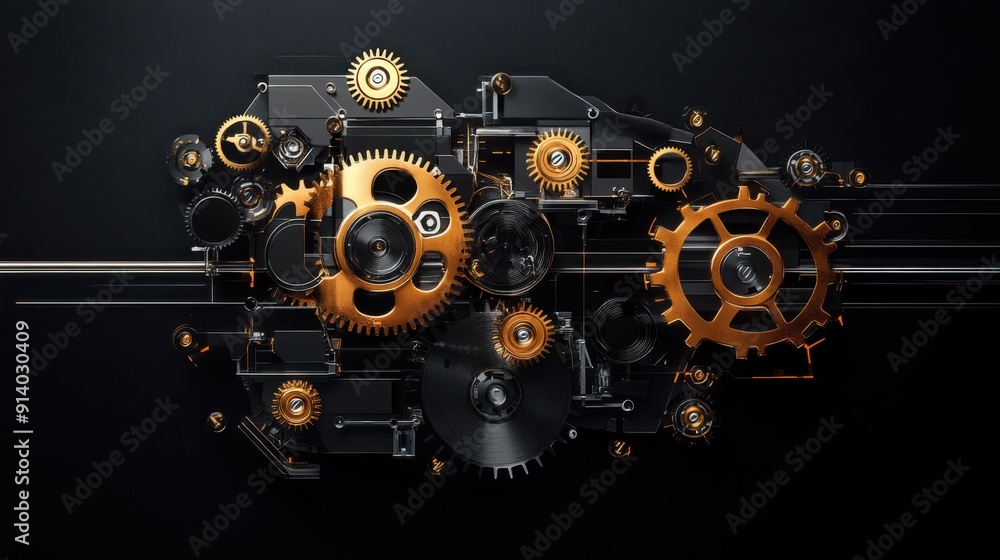 Detailed digital artwork featuring a set of polished black and gold ...