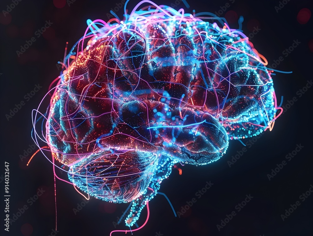 Exploded Anatomical View of the Human Brain with Neon Wireframe ...