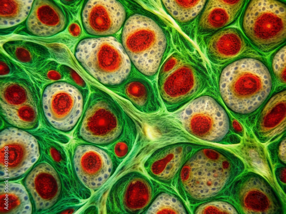 Vibrant microscopic image of cartilage section stained for cell ...