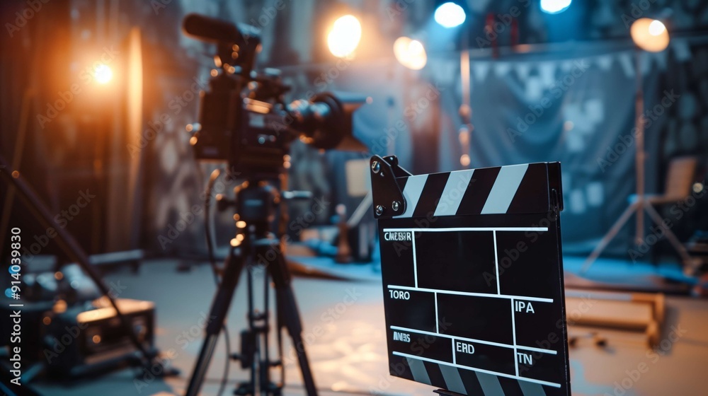 Clapperboard stands on a movie set with professional lighting equipment ...