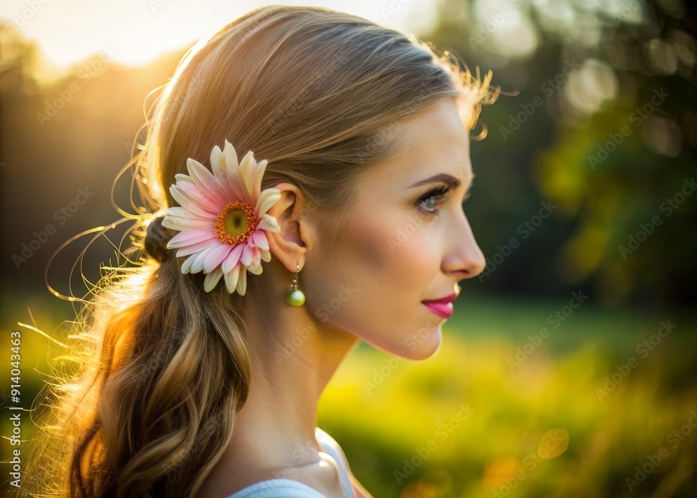 A woman is pictured with a flower tucked behind her ear, enhancing her ...