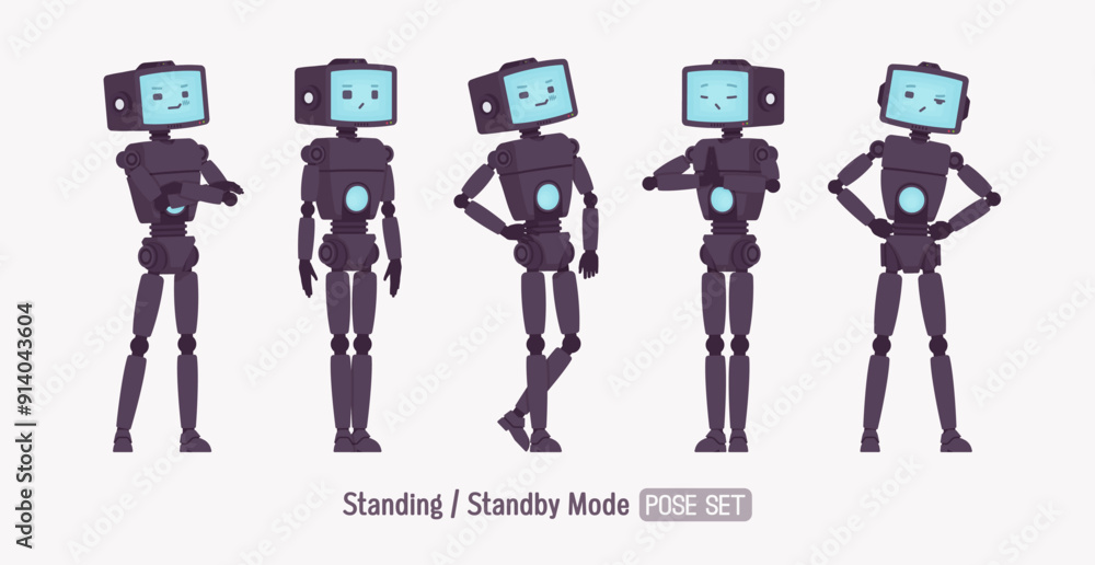 Robot friend smart cute AI technology chat bot standing pose set, black ...