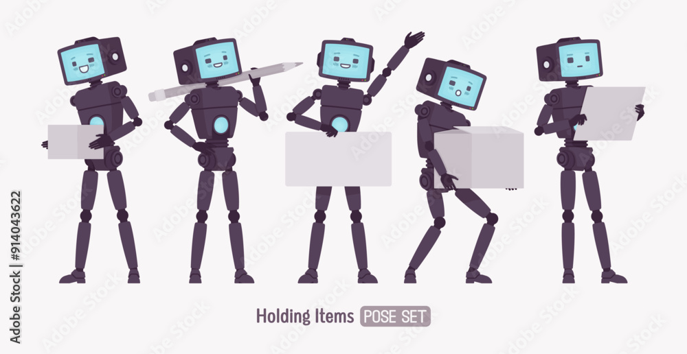 Robot friend smart AI technology chat bot holding items pose set, black ...