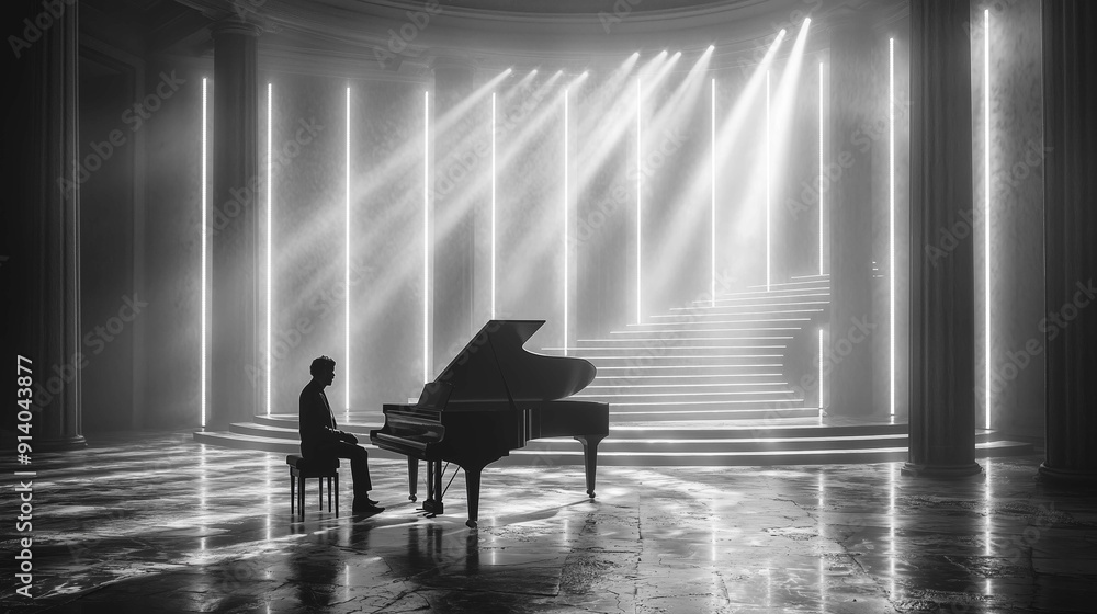 Pianist is playing a grand piano on a stage bathed in ethereal light ...