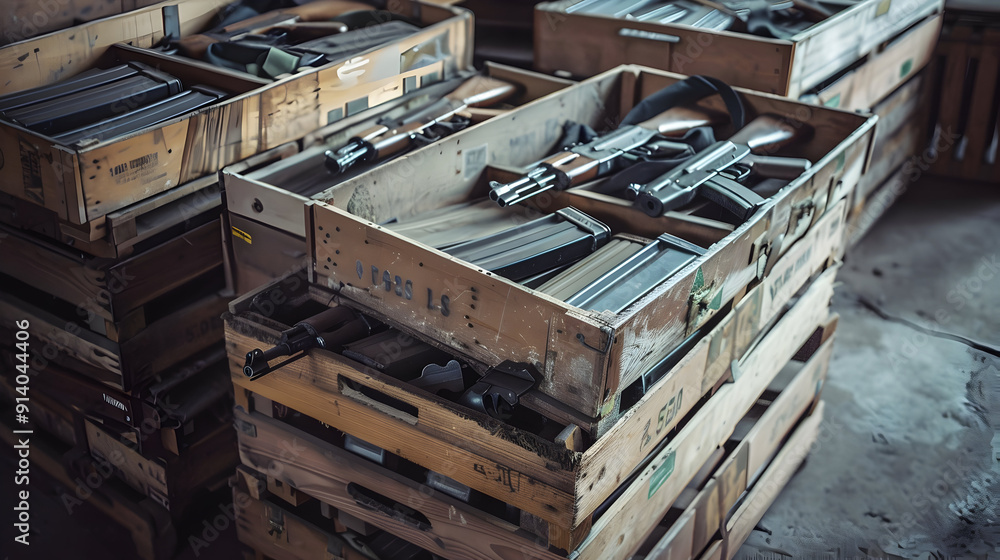 Metal and wooden boxes of guns stored in dark warehouse, packaged ...