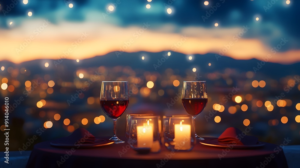 Romantic rooftop dinner, couple silhouette, cityscape view, night sky ...