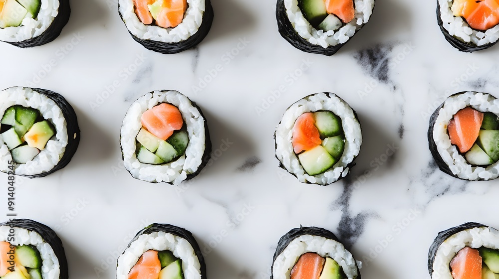 Sushi rolls, vegetarian maki, cucumber avocado rolls, white marble ...