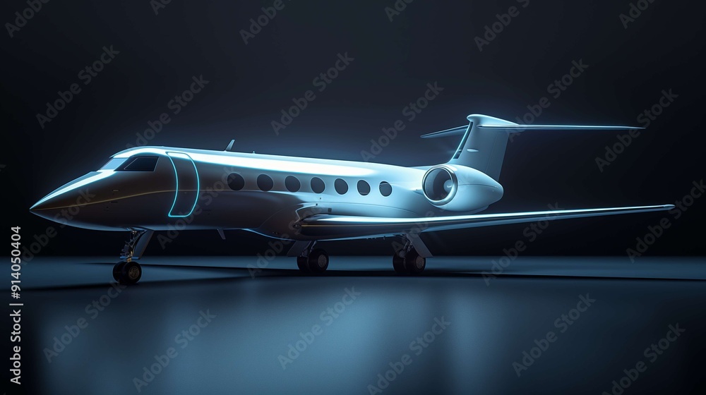 Luxurious private jet is illuminated by blue light, emphasizing its ...