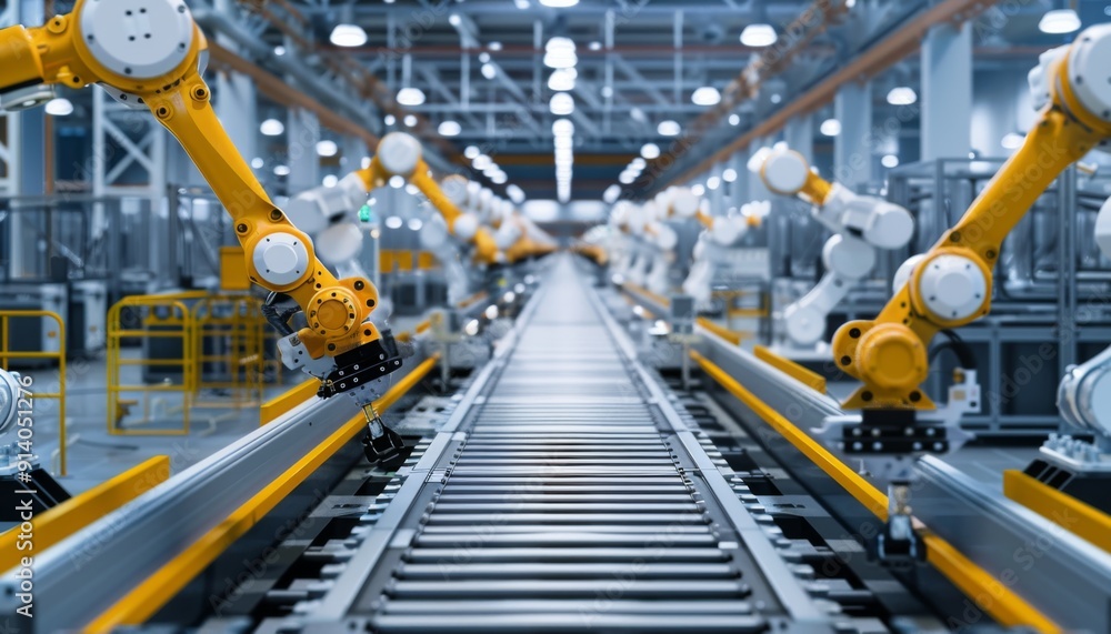 High-tech factory floor featuring robotic arms and autonomous mobile ...