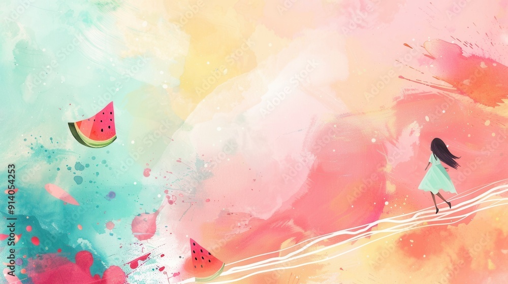 Simple summer theme background template with a cute little girl and ...