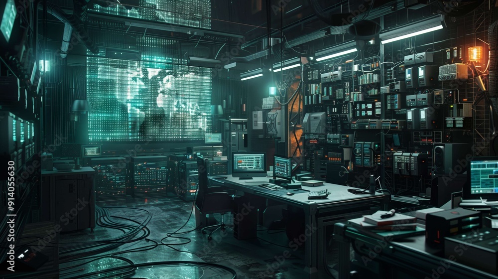 Futuristic spy room with a world map on a digital screen, dark ...