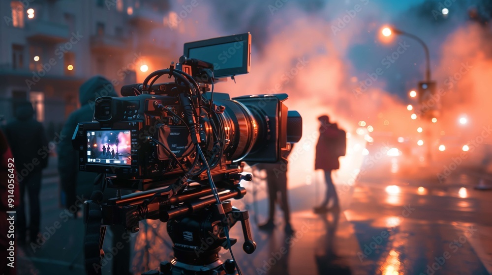 Professional film crew is shooting a movie scene on location in a city ...
