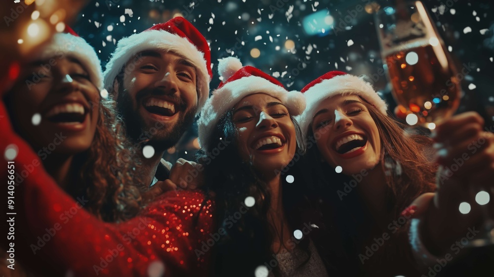 Four friends are laughing and having fun at a christmas party, wearing ...