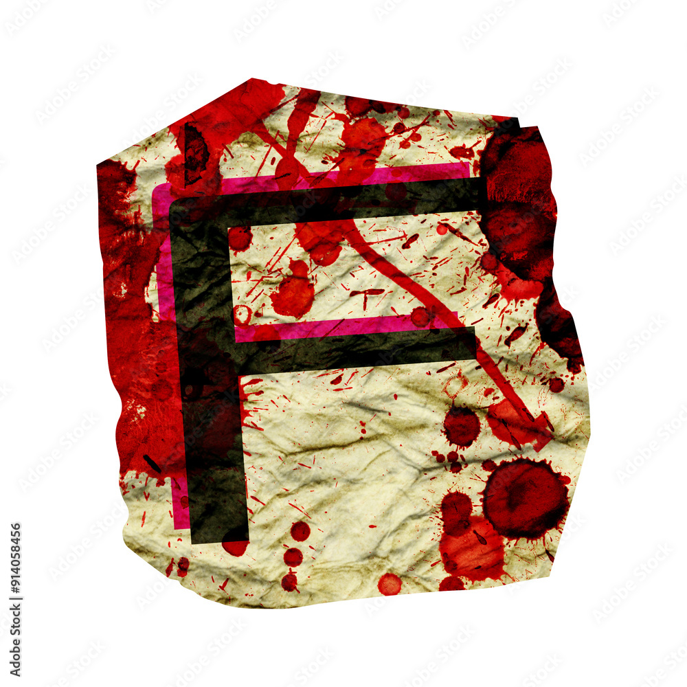 Cut out ransom alphabetic letter with blood splashes and crumpled paper ...