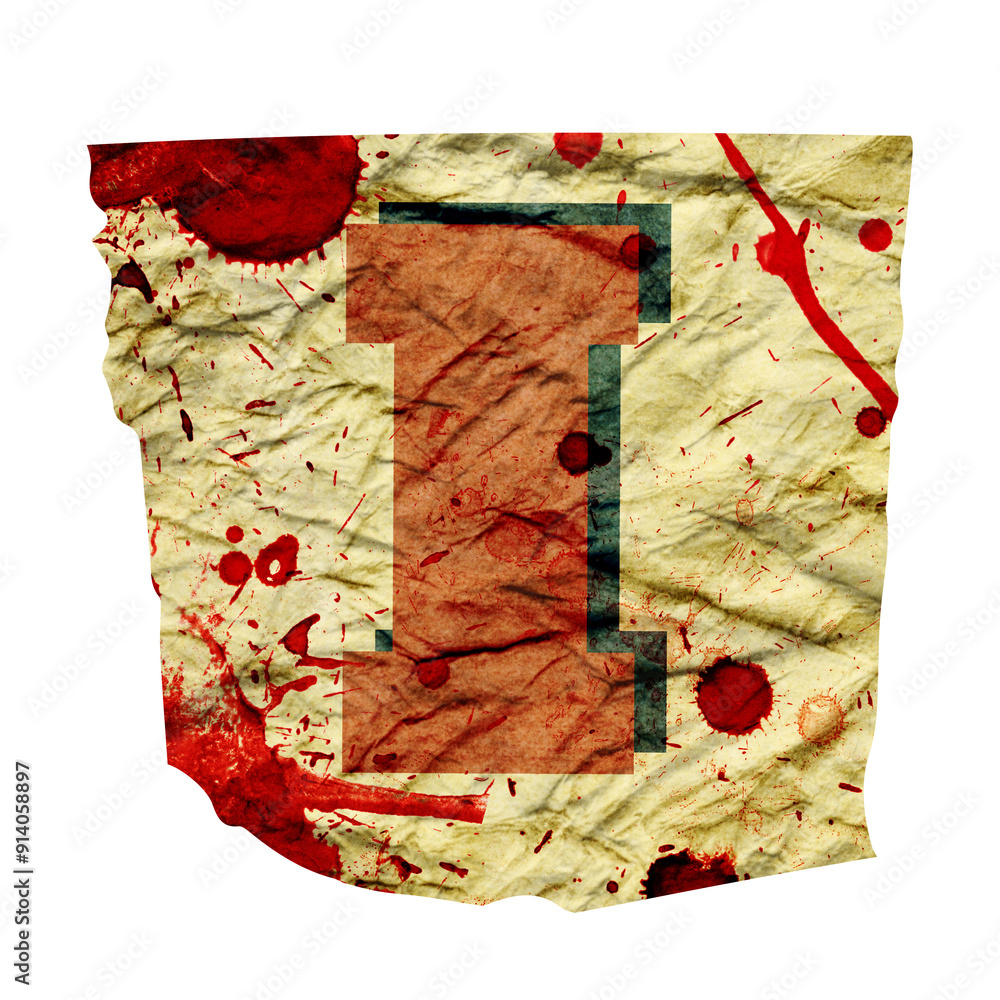 Cut out ransom alphabet letter I with blood splashes and crumpled paper ...