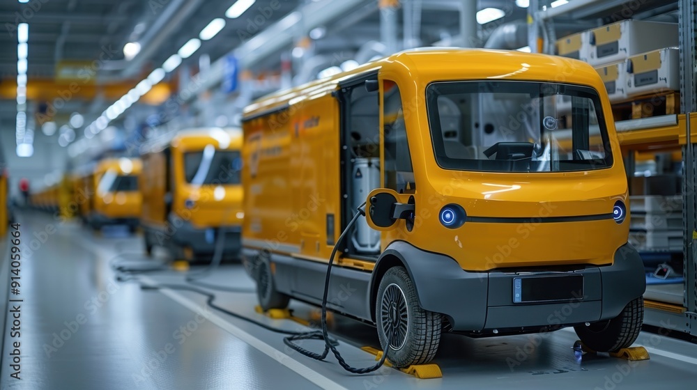 A new electric car is coming off the assembly line. The automotive ...