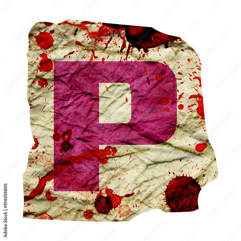 Cut out ransom alphabetic letter with blood splashes and crumpled paper ...